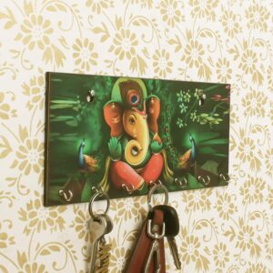 ecraftindia lord ganesha with peacocks design wooden key holder with 7 hooks for wall decor and organization - ideal for home, kitchen, hallway, bedroom, living room, office - housewarming gift