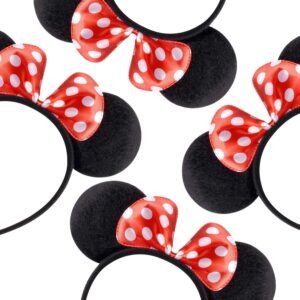 winvin Set of 24 Mouse Costume Deluxe Fabric Ears Headband White Polka Dots Bow Boys Girls Birthday Party Hairs Accessories Baby Shower Headwear Halloween Party Favors Decorations (Black Red)