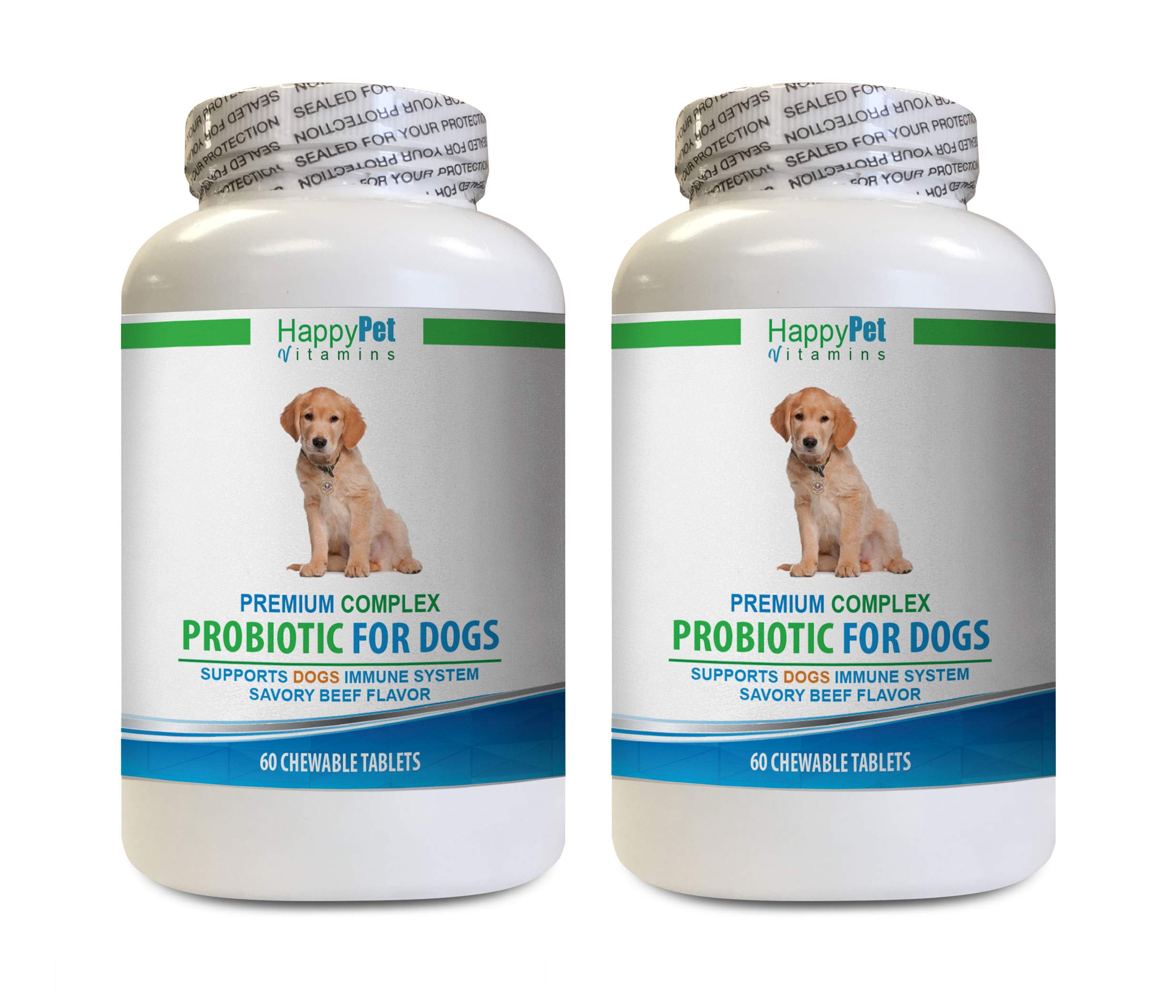 HAPPY PET VITAMINS LLC Dog probiotic Tablets - Dog Premium PROBIOTICS - Savory Beef Flavor - Stops Diarrhea Bad Gas Bad Breath - Gut Health - Dog Diarrhea Support - 2 Bottles (120 Treats)