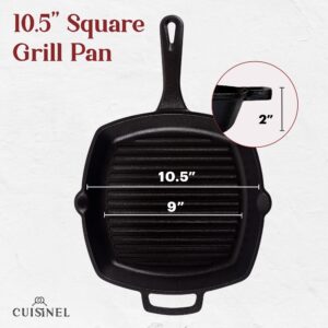 Cuisinel Cast Iron Square Grill Pan + Glass Lid + Pan Scraper + Handle Cover - 10.5" Pre-Seasoned Ridged Skillet - Grill, Stovetop, Fire, Indoor/Outdoor Use - for Grilling, Frying, Sauteing