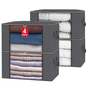 sghuo 4 pack blanket storage bags with zipper, foldable comforter bag, large organizers for blankets, pillow, quilts, linen, containers thick fabric, sturdy grey, 90l