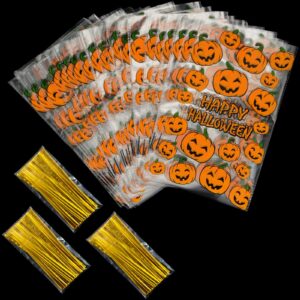 HESTYA 50 Counts 15 x 25 cm Flat Clear Cellophane Treat Bags Block Bottom Pumpkin Halloween Patterned Storage Bags Sweet Bags with 300 Pieces Twist Ties for Halloween Christmas Party Favor(Style D)