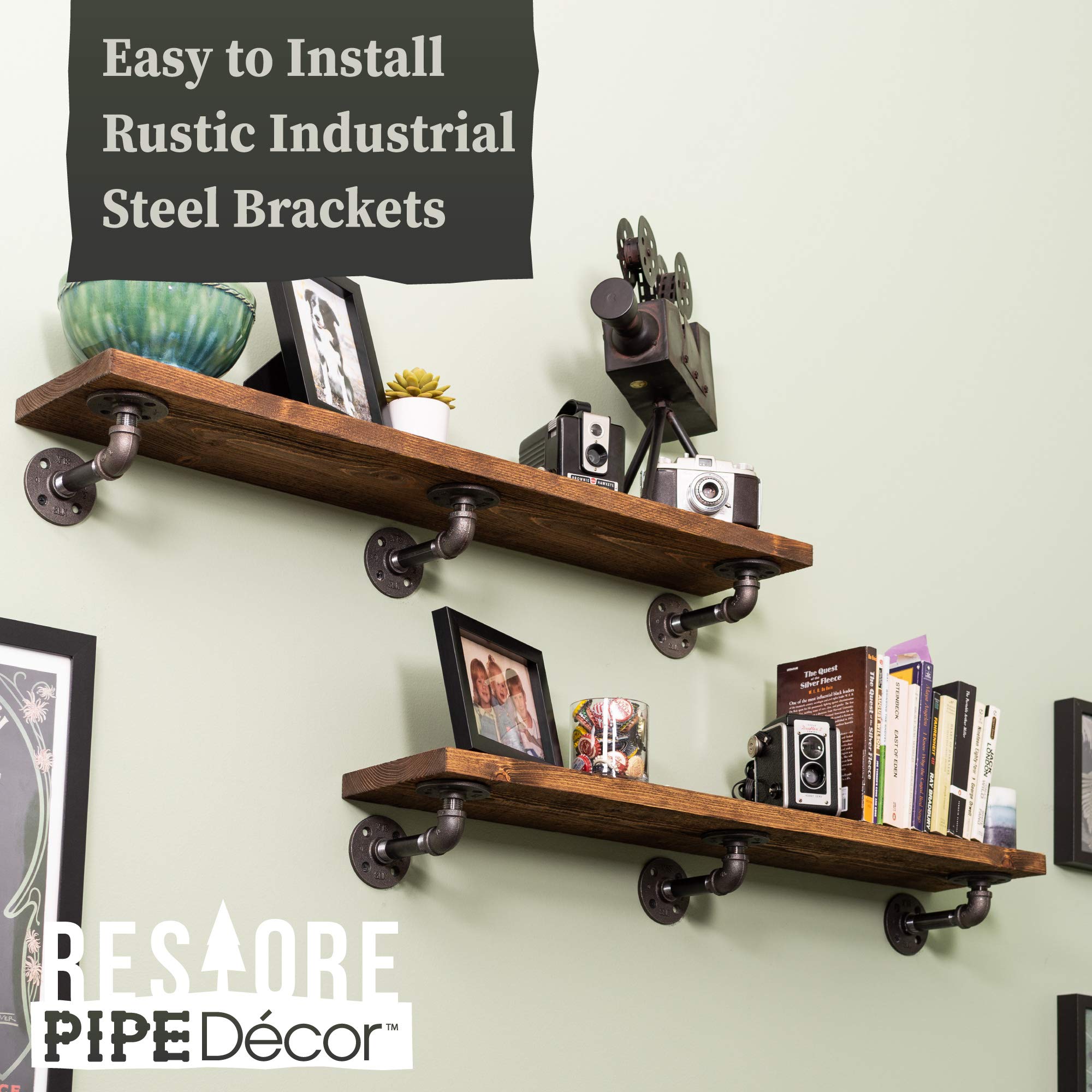 Industrial Pipe Wooden Shelves Restore by Pipe DÉCOR Premium Douglas Fir Wood Shelving 36 Inch Length Set of 2 Boards and 6 L Brackets Autumn Brown Finish