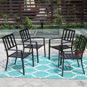 MFSTUDIO 4 Piece Black Metal Outdoor Furniture Patio Steel Frame Slat Seat Dining Arm Chairs with Angle Back,(Black)