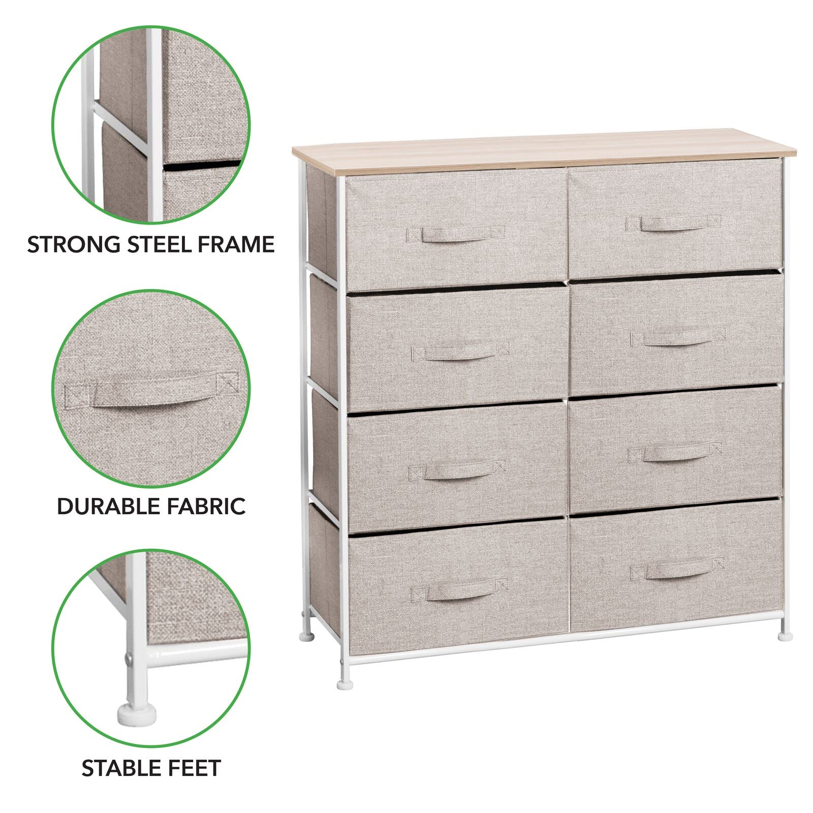 mDesign 38.31" High Steel Frame/Wood Top Storage Dresser Furniture Unit with 8 Removable Fabric Drawers - Large Bureau Organizer for Bedroom, Living Room, or Closet - Lido Collection, Linen/Tan