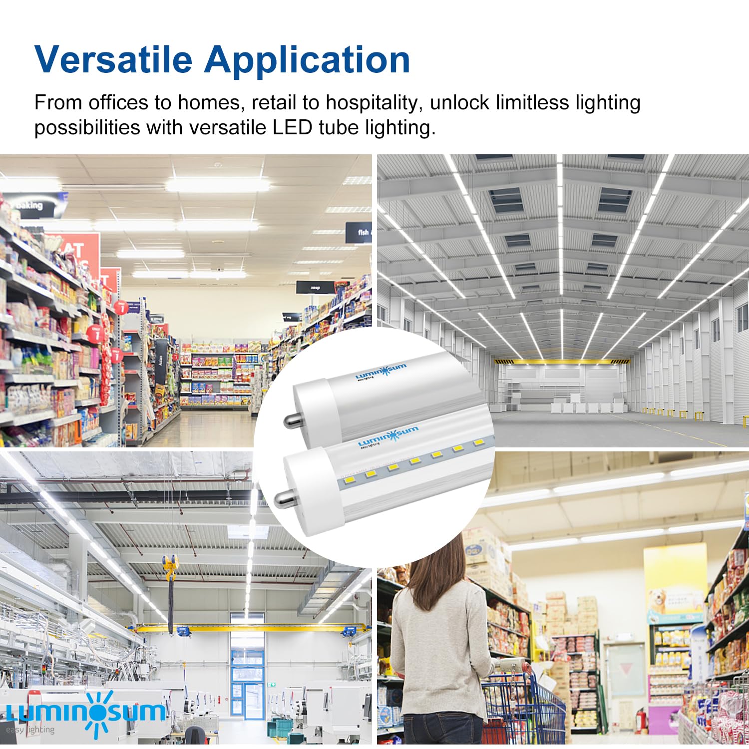 LUMINOSUM T8/T10/T12 LED Tube Light 8 Foot 40W, 80W Equivalent, Single Pin FA8 Base, Dual-End Power Ballast Bypass, Frosted Cover, Daylight 5000k, ETL Certified, 20-Pack