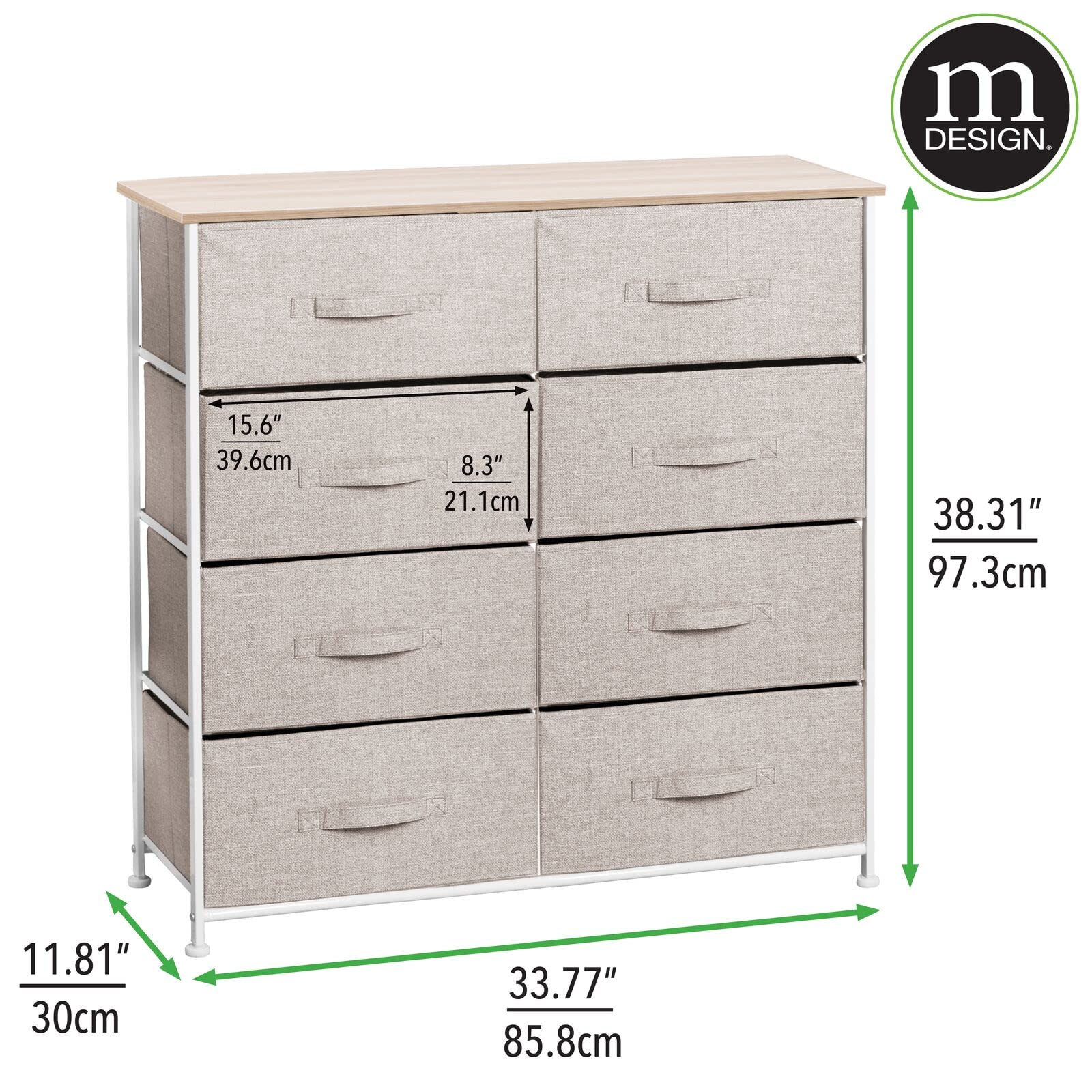 mDesign 38.31" High Steel Frame/Wood Top Storage Dresser Furniture Unit with 8 Removable Fabric Drawers - Large Bureau Organizer for Bedroom, Living Room, or Closet - Lido Collection, Linen/Tan