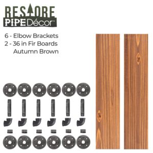 Industrial Pipe Wooden Shelves Restore by Pipe DÉCOR Premium Douglas Fir Wood Shelving 36 Inch Length Set of 2 Boards and 6 L Brackets Autumn Brown Finish