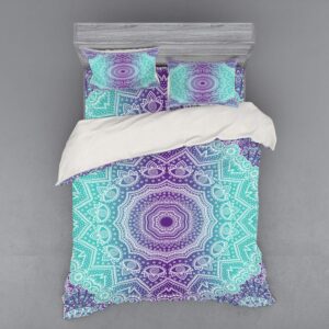 ambesonne purple and turquoise duvet cover set, hippie ombre mandala inner peace and with ornamental art, 4 piece bedding set with shams and fitted sheet, queen size, purple aqua