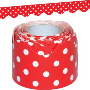 teacher created resources red polka dots scalloped rolled border trim - 50ft - decorate bulletin boards, walls, desks, windows, doors, lockers, schools, classrooms, homeschool & offices