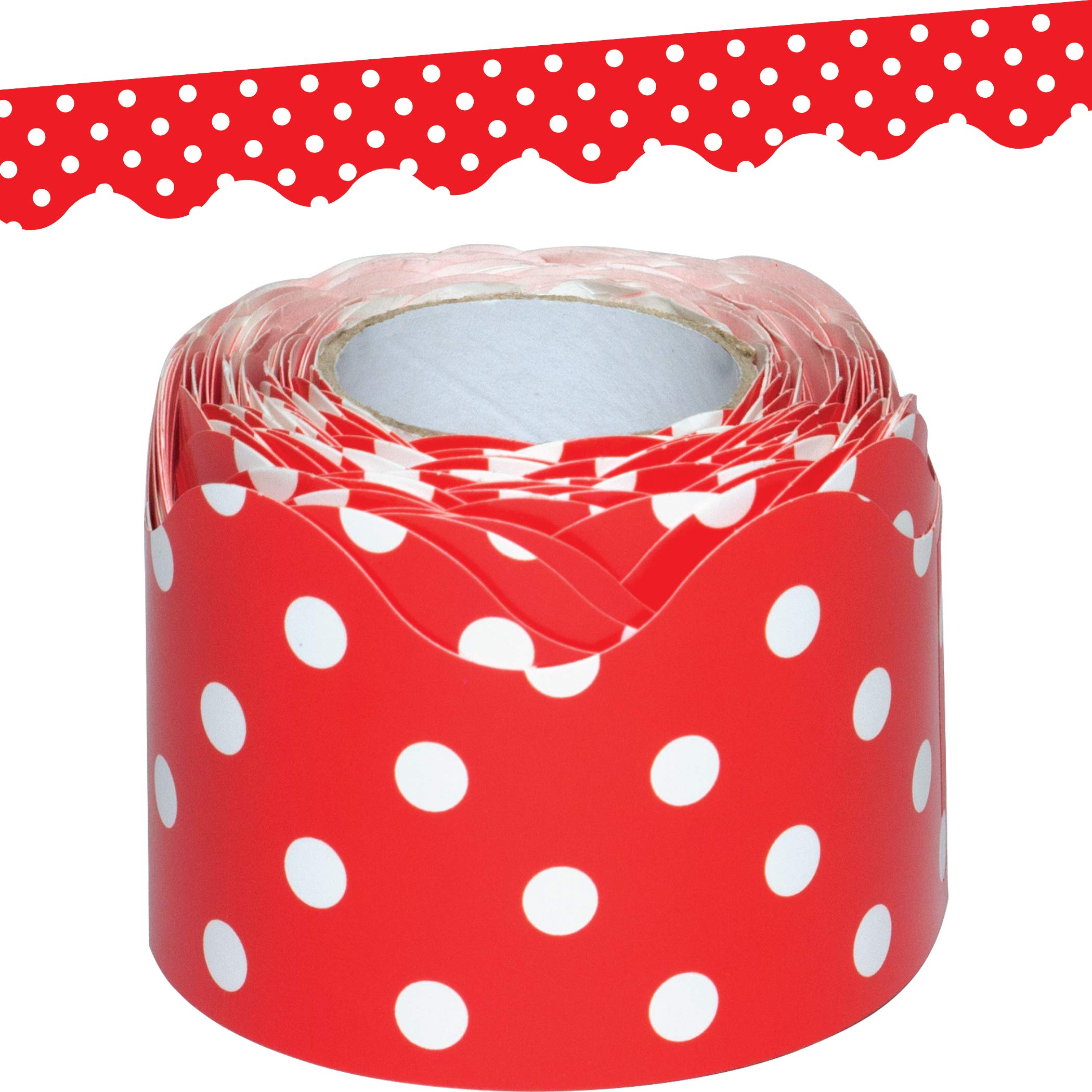 Teacher Created Resources Red Polka Dots Scalloped Rolled Border Trim - 50ft - Decorate Bulletin Boards, Walls, Desks, Windows, Doors, Lockers, Schools, Classrooms, Homeschool & Offices