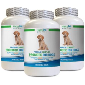 HAPPY PET VITAMINS LLC Dog Digestive Support Food - Dog Premium PROBIOTICS - Savory Beef Flavor - Stops Diarrhea Bad Gas Bad Breath - Gut Health - Dog probiotic Pills - 3 Bottles (180 Treats)