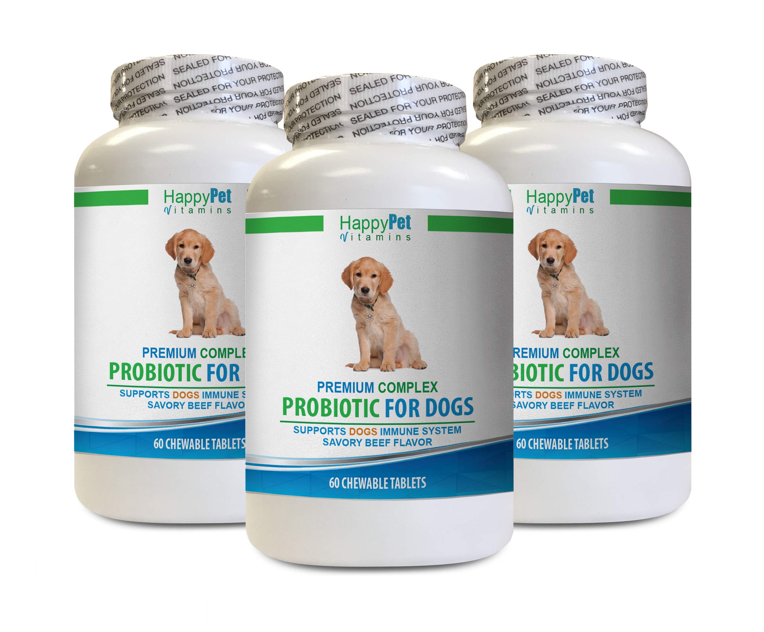 HAPPY PET VITAMINS LLC Dog Digestive Support Food - Dog Premium PROBIOTICS - Savory Beef Flavor - Stops Diarrhea Bad Gas Bad Breath - Gut Health - Dog probiotic Pills - 3 Bottles (180 Treats)