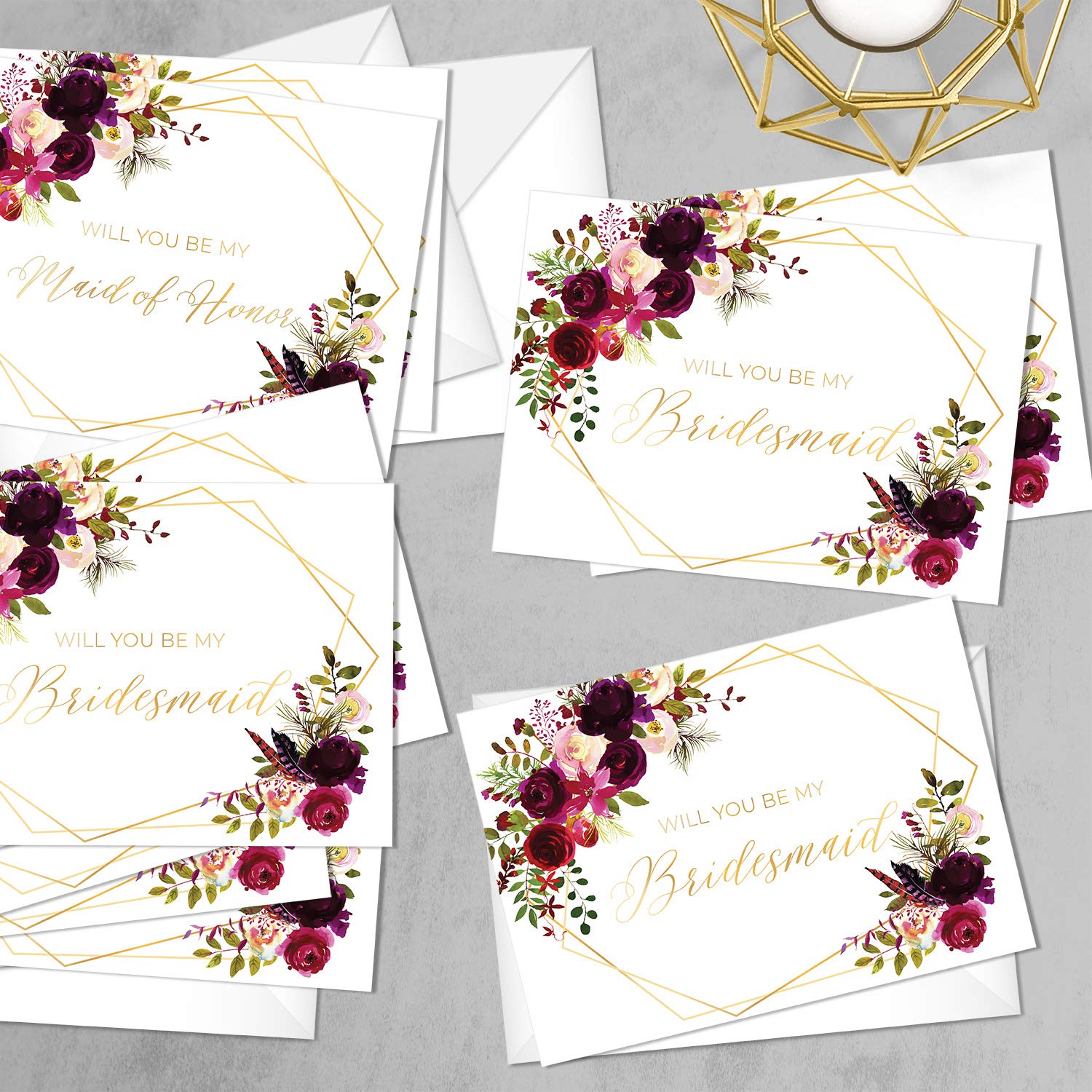 Canopy Street Fall Floral Will You Be My Bridesmaid Cards / 5" x 7" Be My Maid of Honor Request Greeting Cards / 10 Faux Gold Bridesmaids Proposal Note Cards And Envelopes/Made In The USA