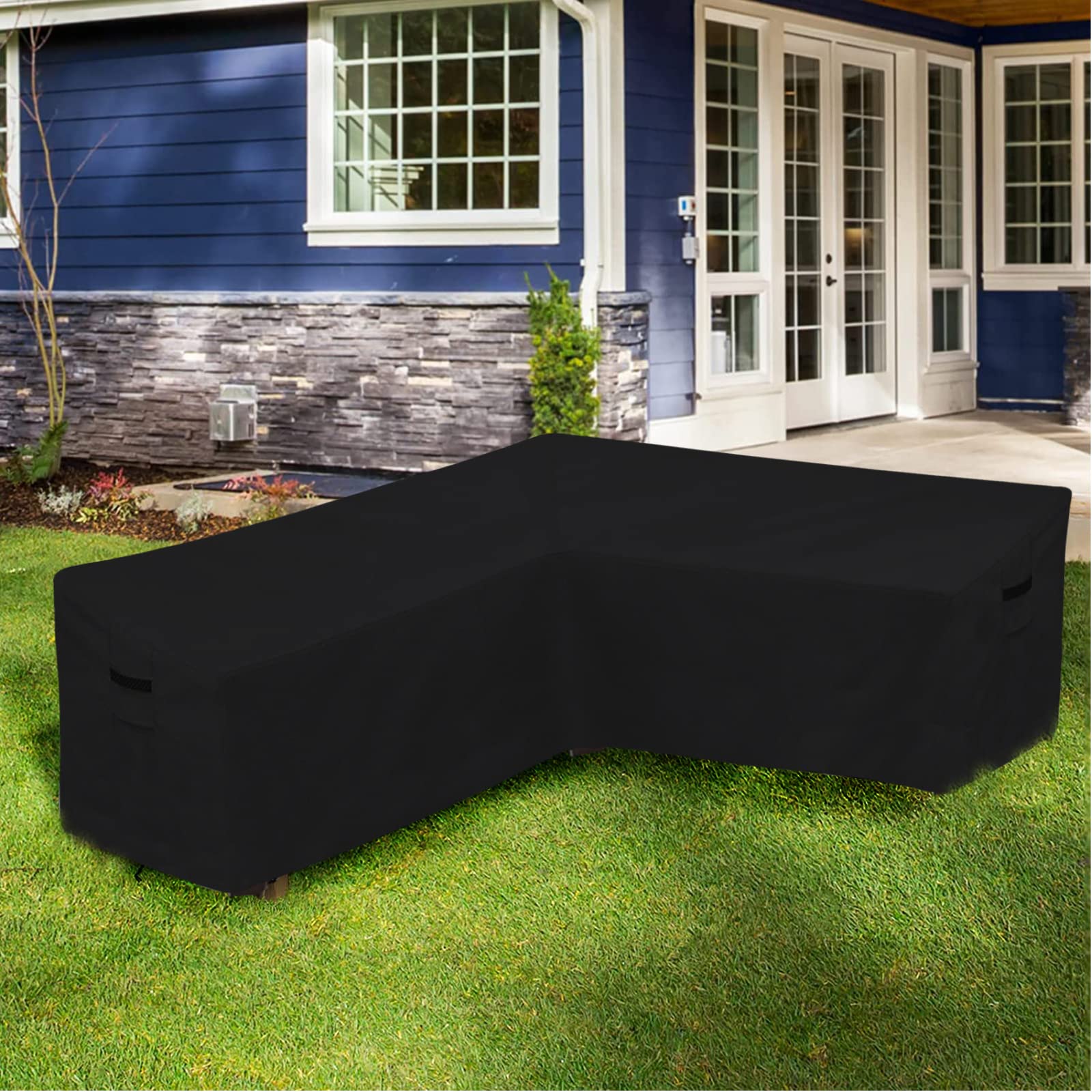 Linkool Outdoor Furniture Covers Patio Sectional Couch Protector Waterproof V Shaped Black Small Size 85x34x30H Inches