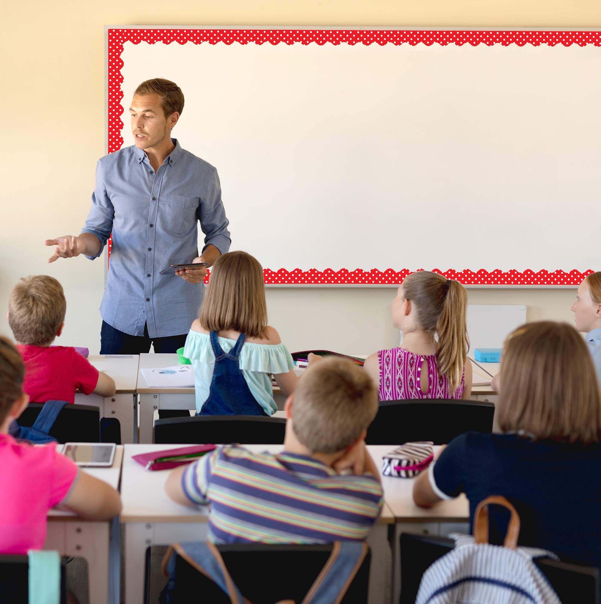 Teacher Created Resources Red Polka Dots Scalloped Rolled Border Trim - 50ft - Decorate Bulletin Boards, Walls, Desks, Windows, Doors, Lockers, Schools, Classrooms, Homeschool & Offices