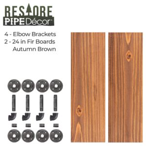 Industrial Pipe Wooden Shelves Restore by Pipe DÉCOR Premium Douglas Fir Wood Shelving 24 Inch Length Set of 2 Boards and 4 L Brackets Autumn Brown Finish