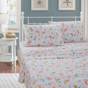 Luxury Home Collection Girls/Teens 4 Piece Full Size Sheet Set Mermaid Under The Sea Star Fish Sea Horse Pink White Blue Green Yellow