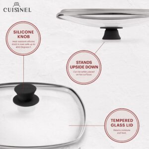 Cuisinel Cast Iron Square Grill Pan + Glass Lid + Pan Scraper + Handle Cover - 10.5" Pre-Seasoned Ridged Skillet - Grill, Stovetop, Fire, Indoor/Outdoor Use - for Grilling, Frying, Sauteing