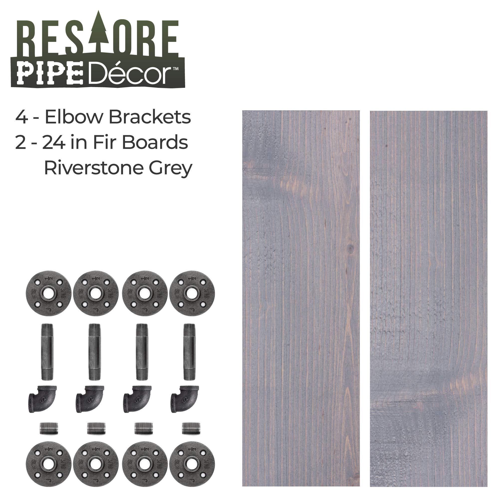 Industrial Pipe Wooden Shelves Restore by Pipe DÉCOR Premium Douglas Fir Wood Shelving 24-in Length Set of 2 Boards and 4 L Brackets Riverstone Grey Finish