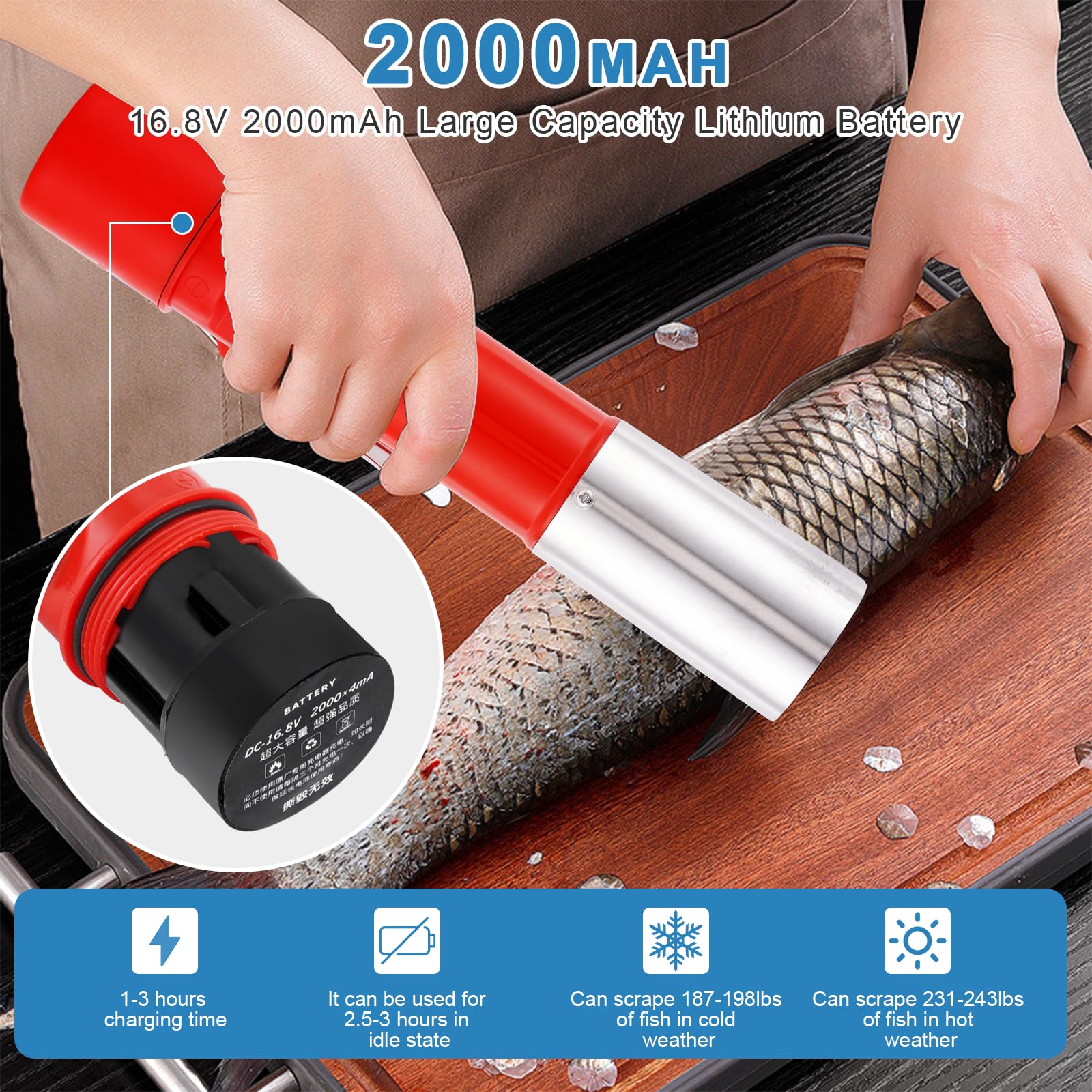 MXBAOHENG Electric Fish Scaler Remover, 2000mAh Cordless Powerful Fish Scale Scraper Cleaner with Rechargeable Battery, Waterproof Portable Fish Scaler Fish Scaling Tool