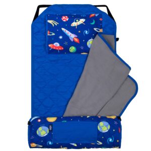 wildkin kids modern nap mat with reusable pillow for boys & girls, perfect for elementary sleeping mat, features elastic corner straps, soft cotton blend materials nap mat for kids (out of this world)