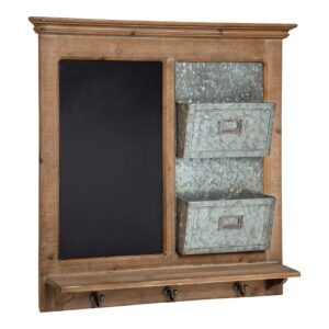 kate and laurel idamae wood framed chalkboard wall organizer with mail holders and key hooks, 28" x 25", rustic brown, farmhouse-inspired chalkboard