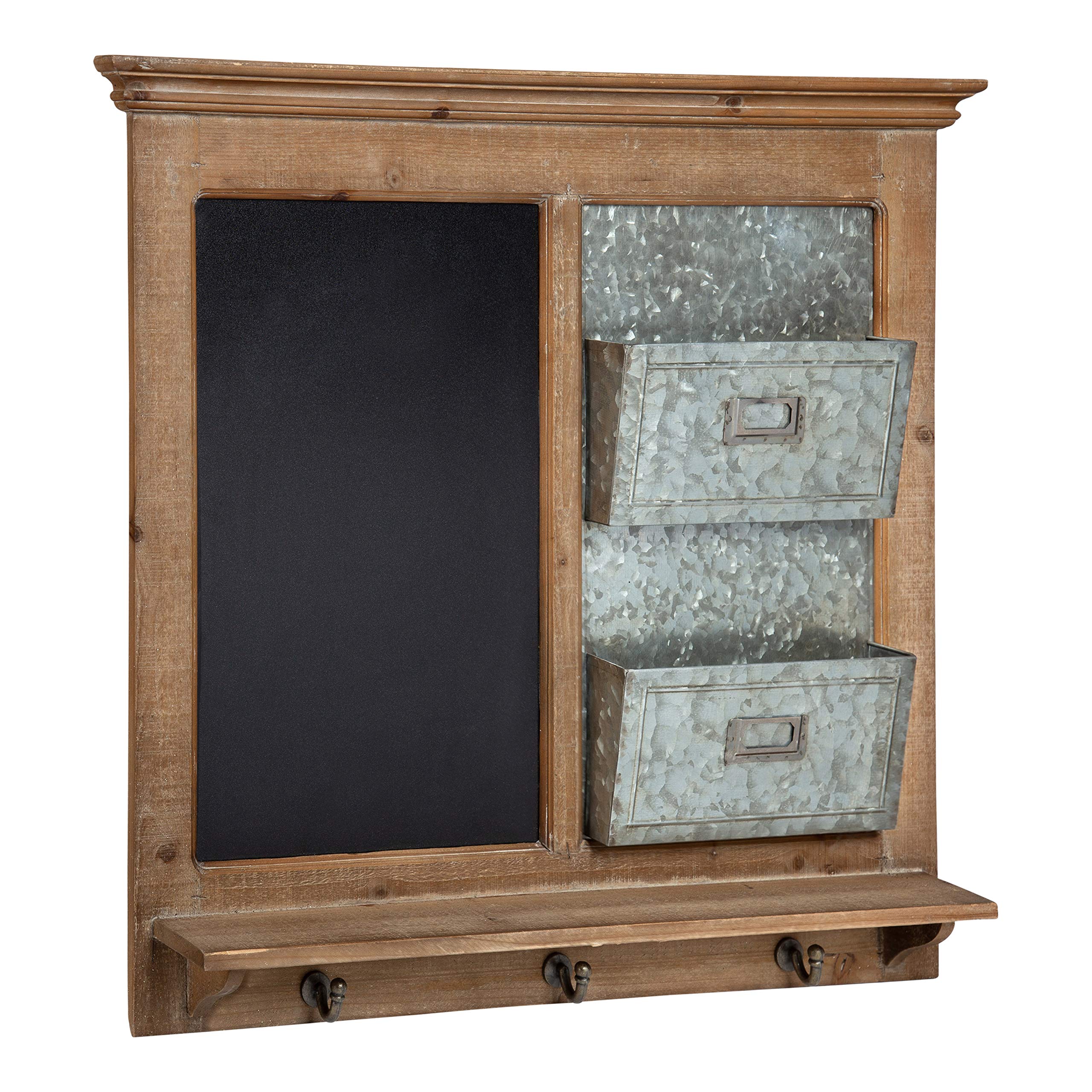 Kate and Laurel Idamae Wood Framed Chalkboard Wall Organizer with Mail Holders and Key Hooks, 28" x 25", Rustic Brown, Farmhouse-Inspired Chalkboard