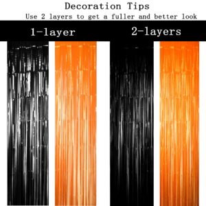 Black Orange Party Tinsel Foil Fringe Curtains - Halloween Construction 1st Birthday Baby Shower Graduation Wedding Party Streamers Photo Booth Props Backdrops Decorations