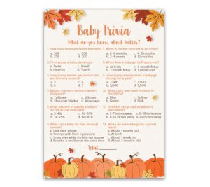 pumpkins baby shower game, baby trivia game — pack of 25 — fall baby shower games, rustic gender neutral baby shower games, little pumpkin autumn fall baby halloween baby party games, sku g330-trv