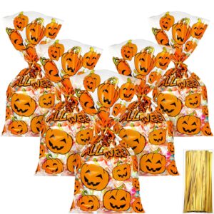 hestya 50 counts 15 x 25 cm flat clear cellophane treat bags block bottom pumpkin halloween patterned storage bags sweet bags with 300 pieces twist ties for halloween christmas party favor(style d)