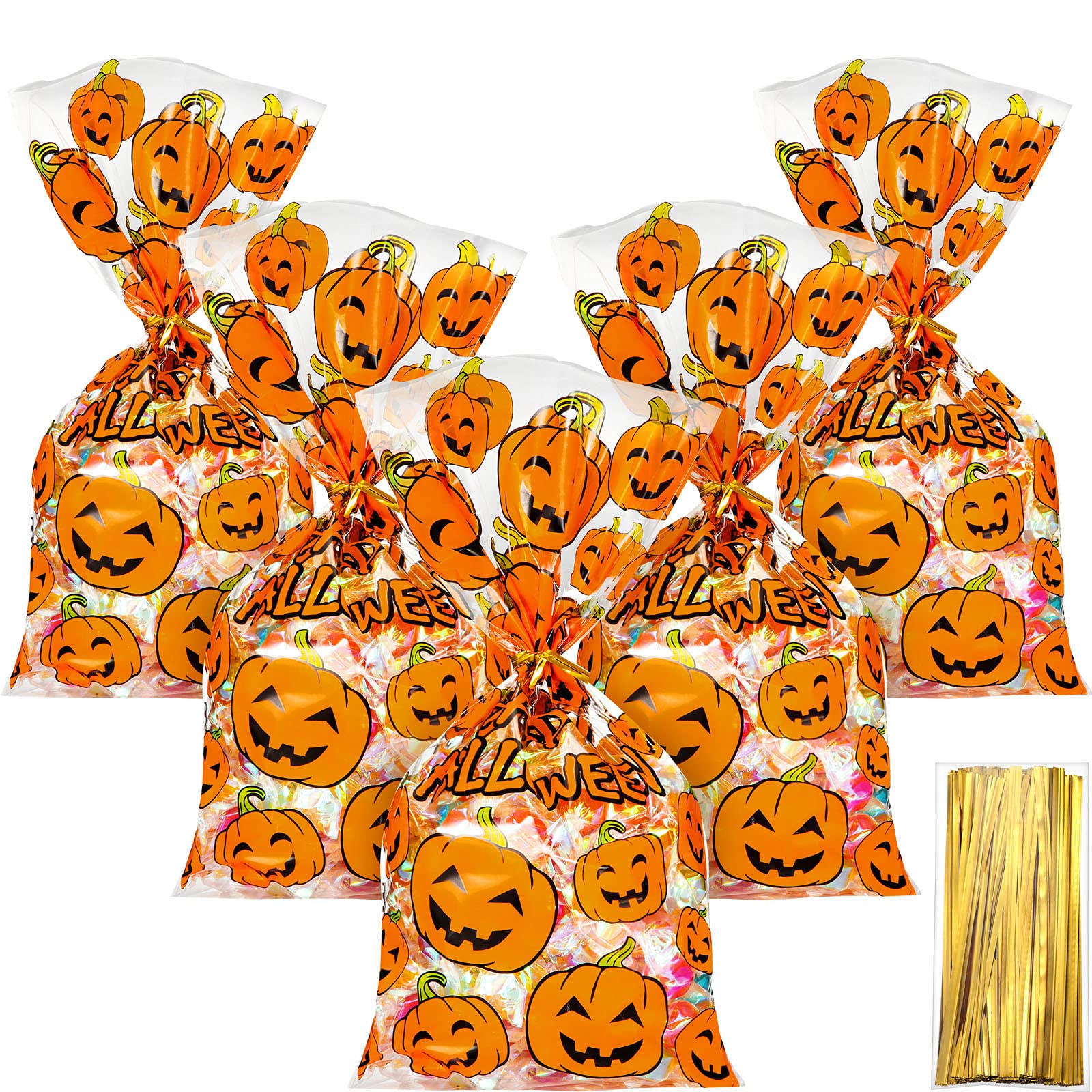 HESTYA 50 Counts 15 x 25 cm Flat Clear Cellophane Treat Bags Block Bottom Pumpkin Halloween Patterned Storage Bags Sweet Bags with 300 Pieces Twist Ties for Halloween Christmas Party Favor(Style D)