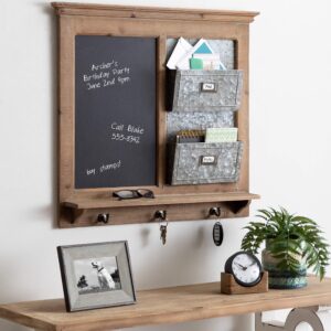 Kate and Laurel Idamae Wood Framed Chalkboard Wall Organizer with Mail Holders and Key Hooks, 28" x 25", Rustic Brown, Farmhouse-Inspired Chalkboard