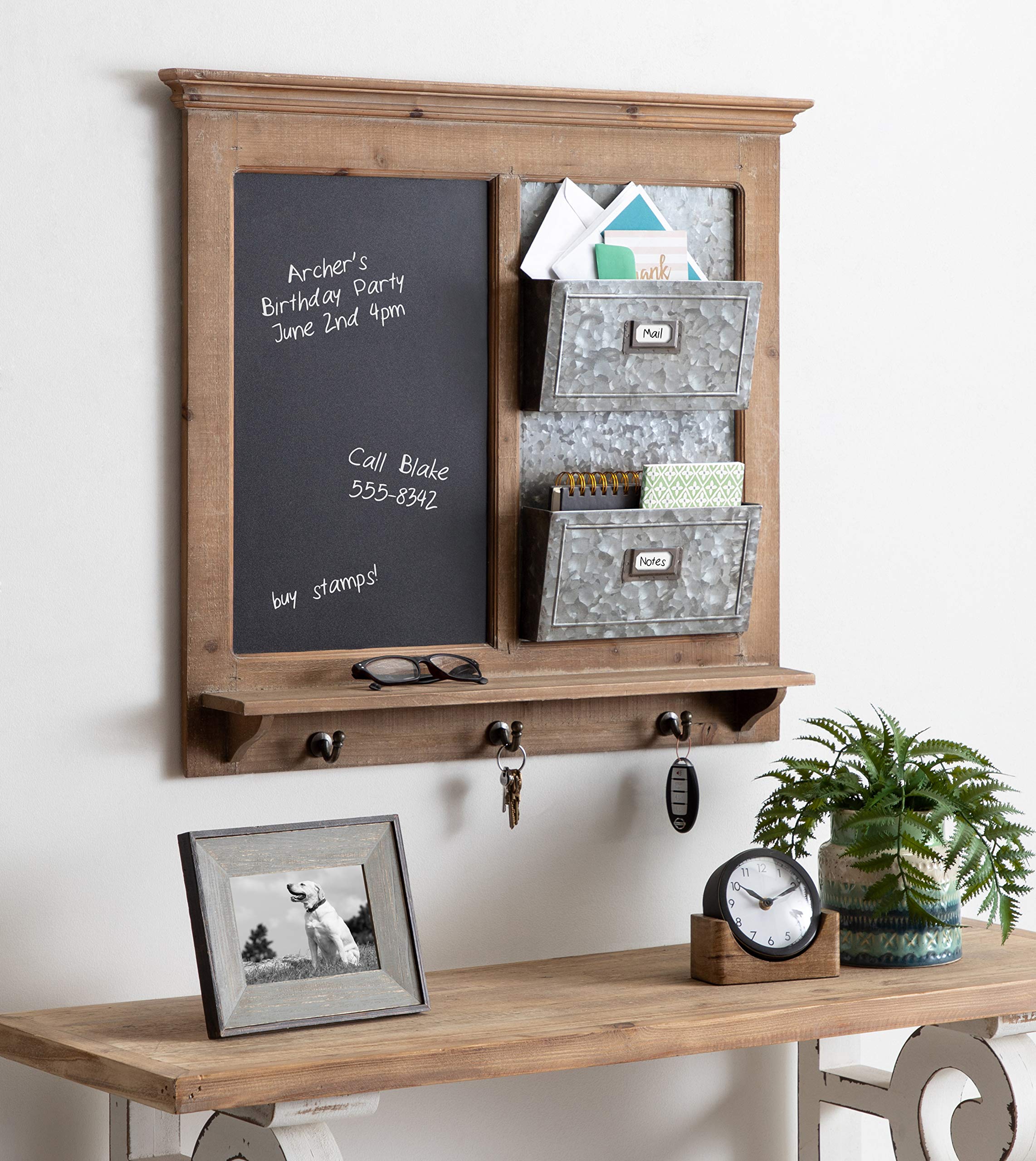 Kate and Laurel Idamae Wood Framed Chalkboard Wall Organizer with Mail Holders and Key Hooks, 28" x 25", Rustic Brown, Farmhouse-Inspired Chalkboard