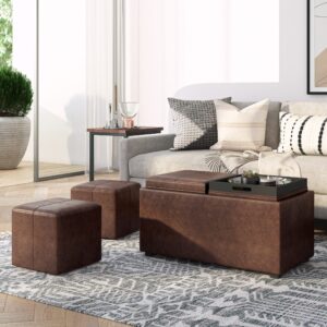 SIMPLIHOME Avalon 35 inch Wide Contemporary Rectangle 5 Pc Storage Ottoman in Distressed Chestnut Brown Vegan Faux Leather, Assembled, For the Living Room, Entryway and Family Room