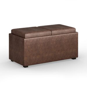 simplihome avalon 35 inch wide contemporary rectangle 5 pc storage ottoman in distressed chestnut brown vegan faux leather, assembled, for the living room, entryway and family room