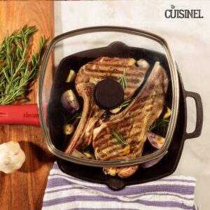 Cuisinel Cast Iron Square Grill Pan + Glass Lid + Pan Scraper + Handle Cover - 10.5" Pre-Seasoned Ridged Skillet - Grill, Stovetop, Fire, Indoor/Outdoor Use - for Grilling, Frying, Sauteing