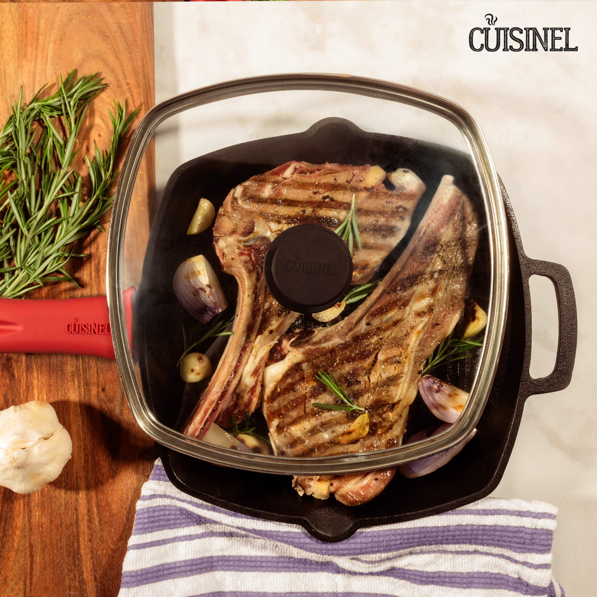 Cuisinel Cast Iron Square Grill Pan + Glass Lid + Pan Scraper + Handle Cover - 10.5" Pre-Seasoned Ridged Skillet - Grill, Stovetop, Fire, Indoor/Outdoor Use - for Grilling, Frying, Sauteing