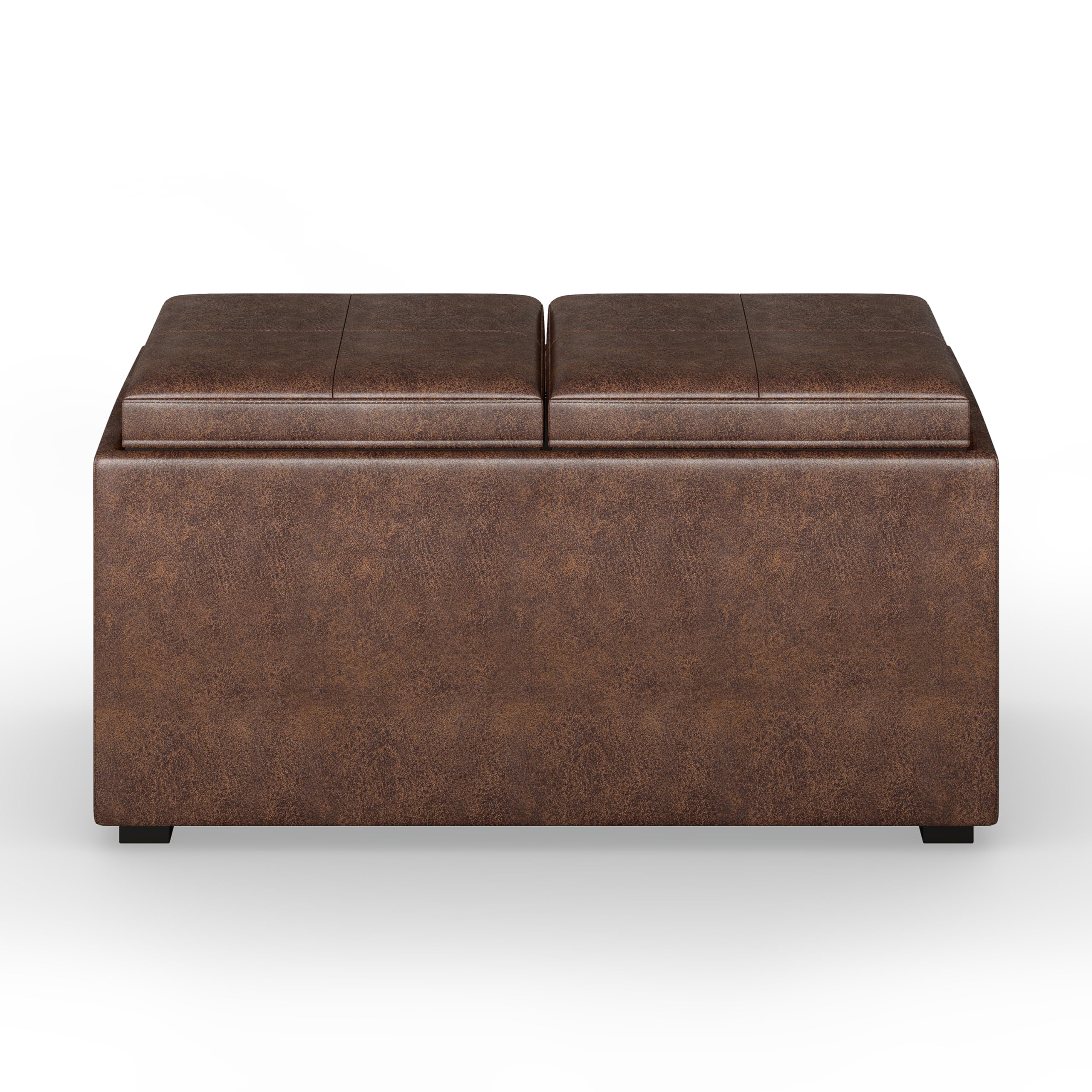 SIMPLIHOME Avalon 35 inch Wide Contemporary Rectangle 5 Pc Storage Ottoman in Distressed Chestnut Brown Vegan Faux Leather, Assembled, For the Living Room, Entryway and Family Room