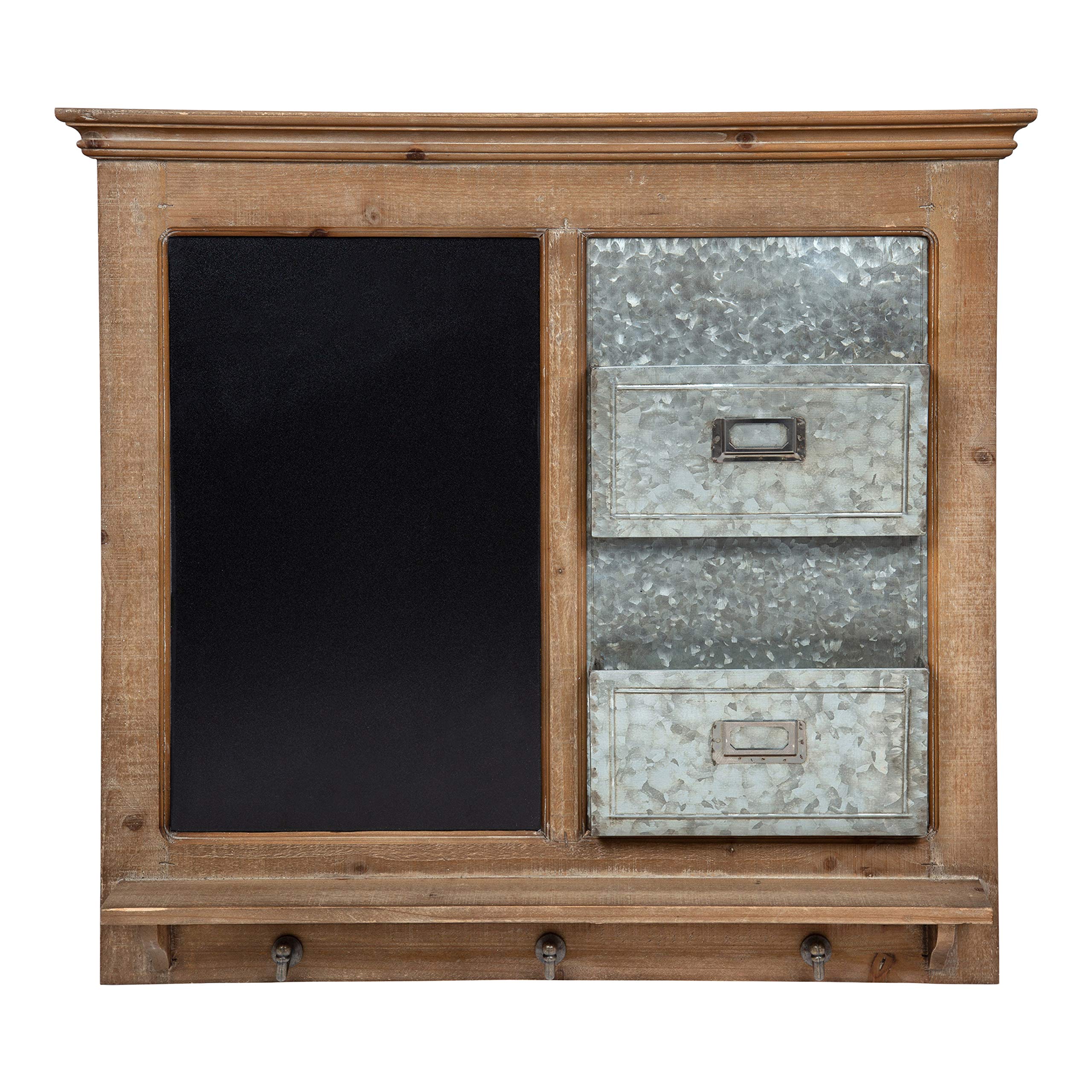 Kate and Laurel Idamae Wood Framed Chalkboard Wall Organizer with Mail Holders and Key Hooks, 28" x 25", Rustic Brown, Farmhouse-Inspired Chalkboard