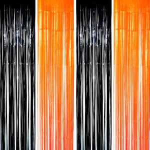 black orange party tinsel foil fringe curtains - halloween construction 1st birthday baby shower graduation wedding party streamers photo booth props backdrops decorations