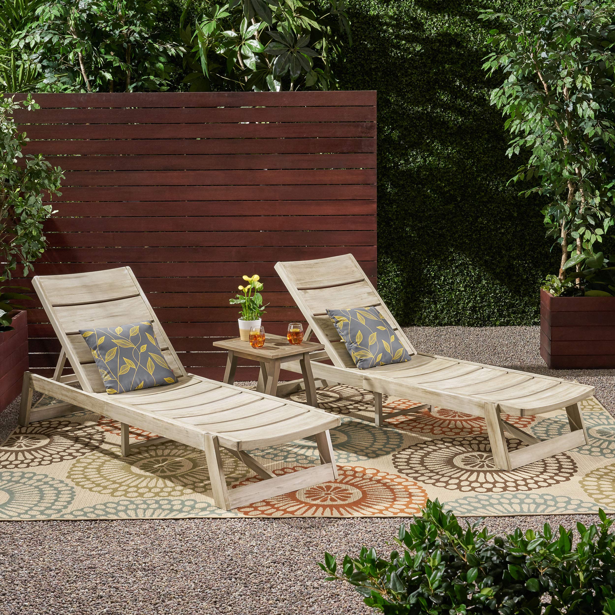 GDFStudio Outdoor Acacia Wood Chaise 3 Piece Lounge Set