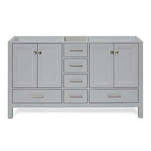 ariel 60" grey double bathroom vanity base cabinet, double sink configuration, 4 soft closing doors, 6 full extension dovetail drawers, brushed nickel