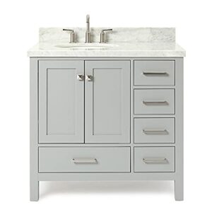 ariel 37" grey bathroom vanity with 1.5" edge italian carrara marble countertop & backsplash, left oval sink, 2 soft closing doors, 5 full extension dovetail drawers, brushed nickel