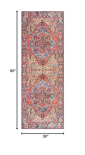 Livabliss Reeta Printed Medallion Runner Area Rug,2'6" x 7'6",Bright Red/Wheat