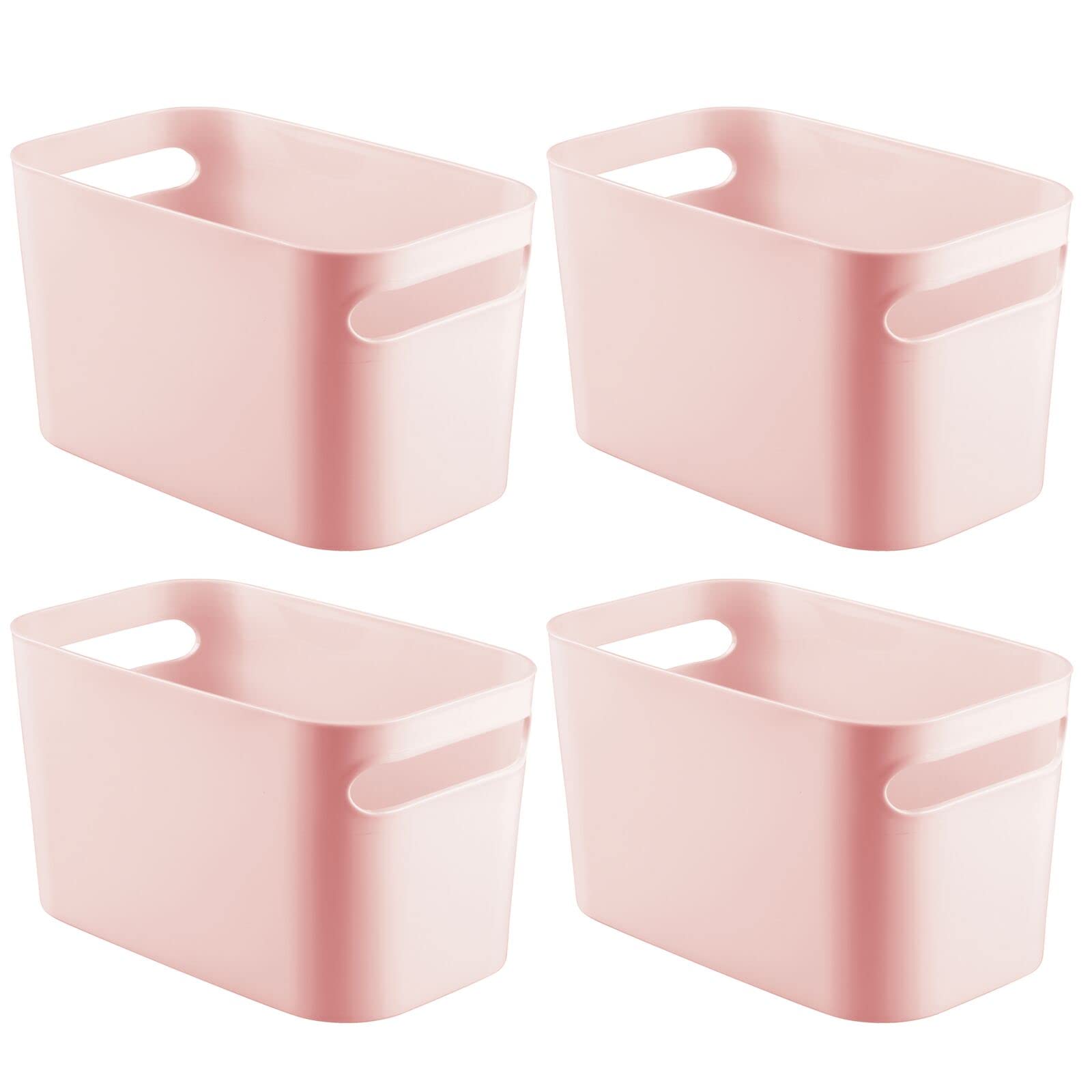 mDesign Deep Plastic Bathroom Bin with Handles, Storage Organizer for Vanity Countertop, Hold Soap, Body Wash, Shampoo, Lotion, Conditioner, Hand Towels - 10" Long, Aura Collection, 4 Pack, Light Pink