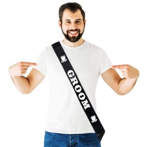 Groom Wedding Party Sash Bundle, Groom (x1), Best Man (x1), Groomsman (x3) Bachelor Bridal Shower Supplies Decorations Favors Gifts Black Sashes White Letters Kit Accessories Decor - Set of 5