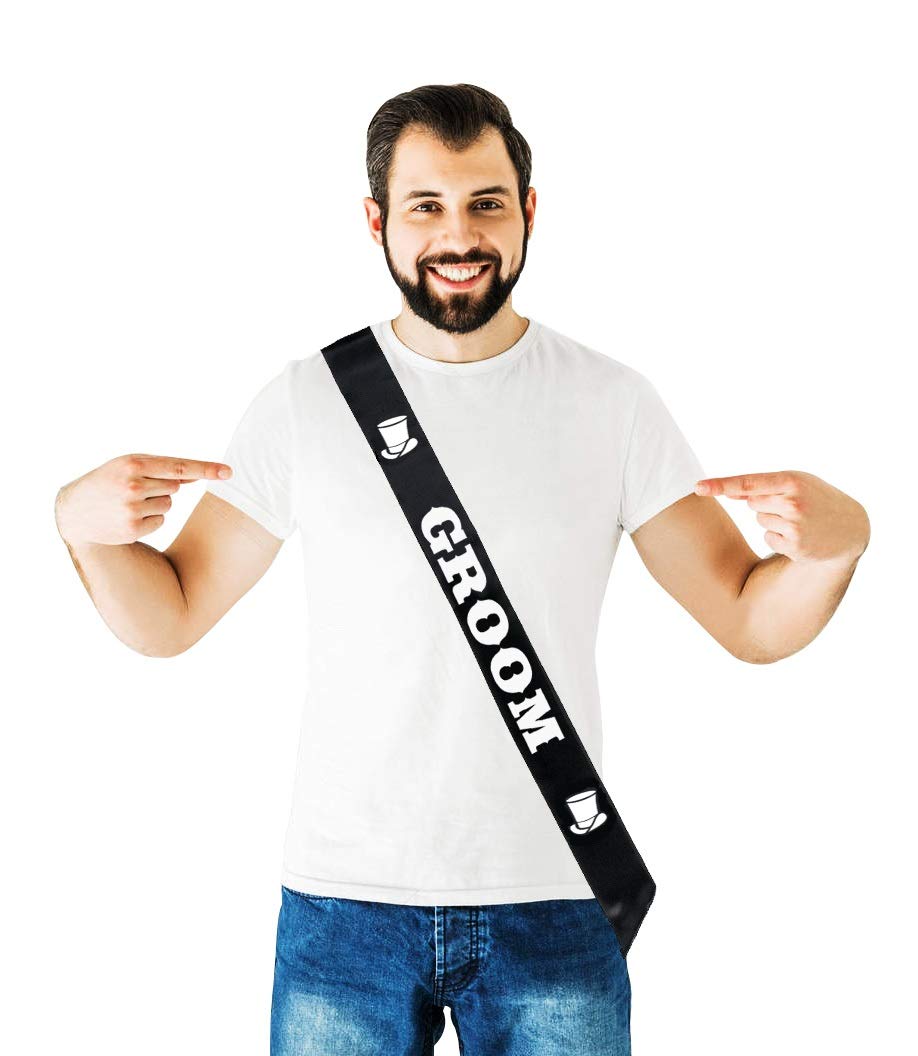 Groom Wedding Party Sash Bundle, Groom (x1), Best Man (x1), Groomsman (x3) Bachelor Bridal Shower Supplies Decorations Favors Gifts Black Sashes White Letters Kit Accessories Decor - Set of 5