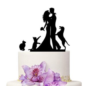 yami cocu wedding cake toppers bride and groom with 2 cats and dog animal black color acrylic silhouette wedding party engagement decoration