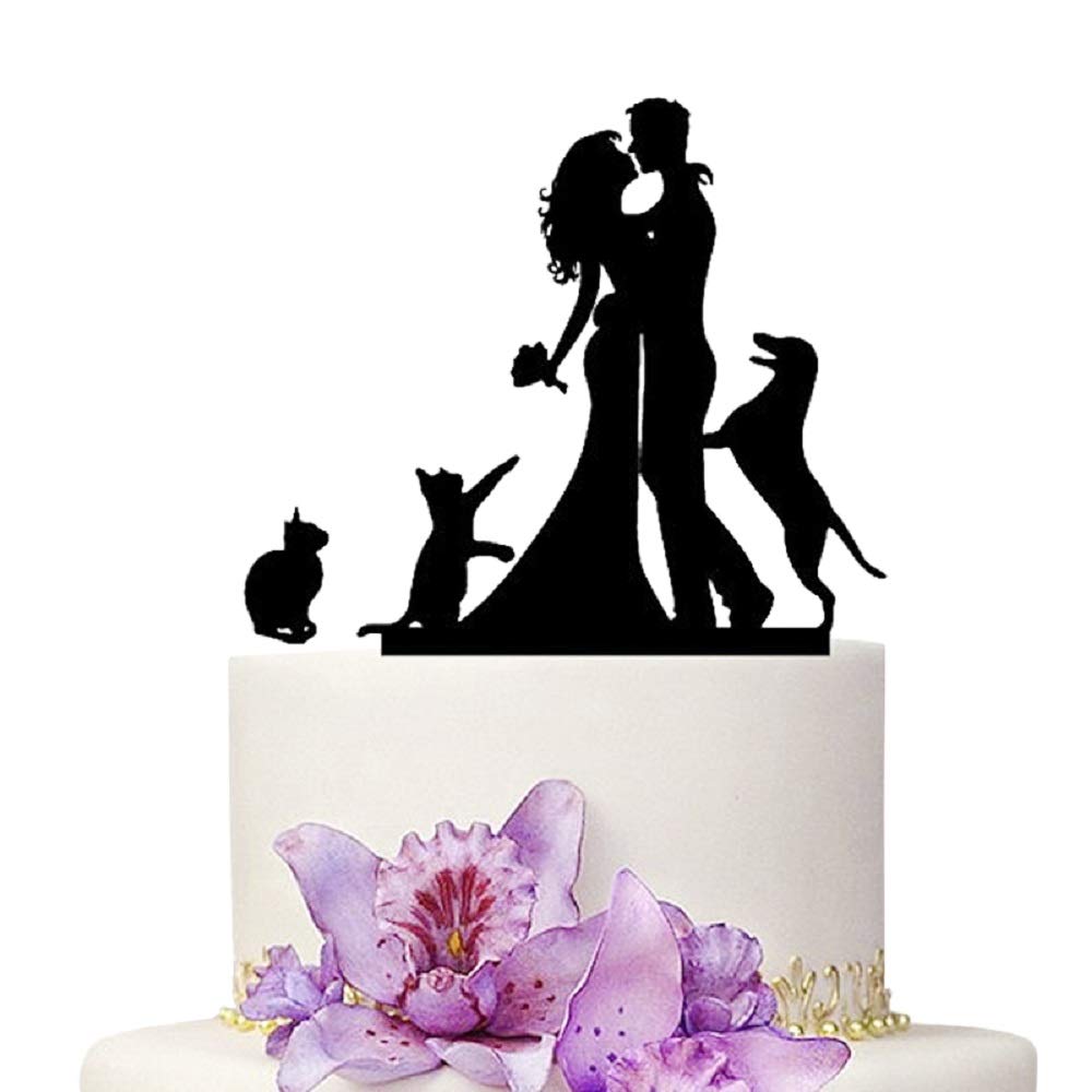 YAMI COCU Wedding Cake Toppers Bride and Groom With 2 Cats And Dog Animal Black Color Acrylic Silhouette Wedding Party Engagement Decoration